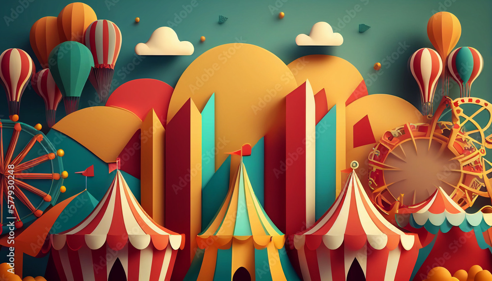 Colorful cartoon style carnival amusement park and funfair background ...