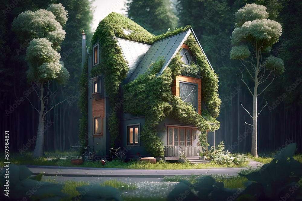 Eco house with bushes, tall trees, tidy environment. A pleasant ...