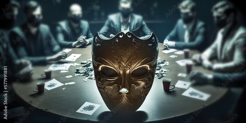 Masked people play cards game of mafia, banner background. Generation ...