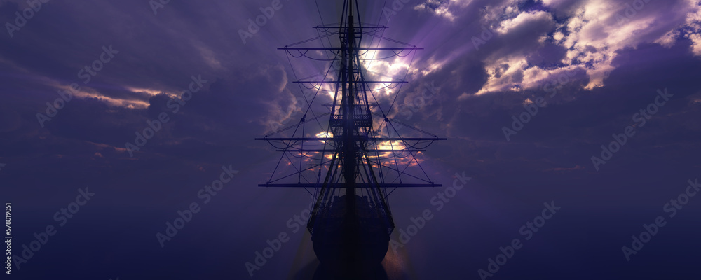 old ship sunset at sea 3d rendering Stock Illustration | Adobe Stock