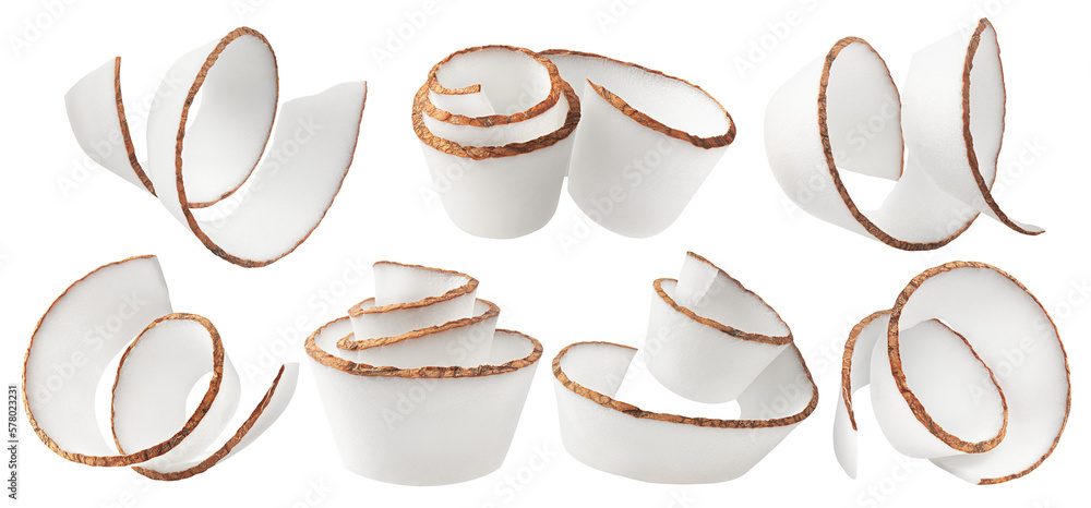 Coconut curls, shavings, isolated on white background, full depth of ...