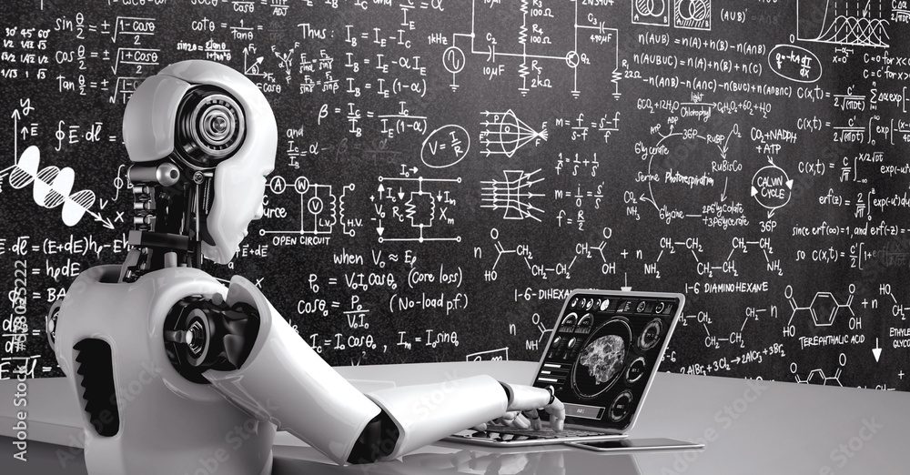 Robot hominoid use laptop and sit at table for engineering science studying using AI thinking ...