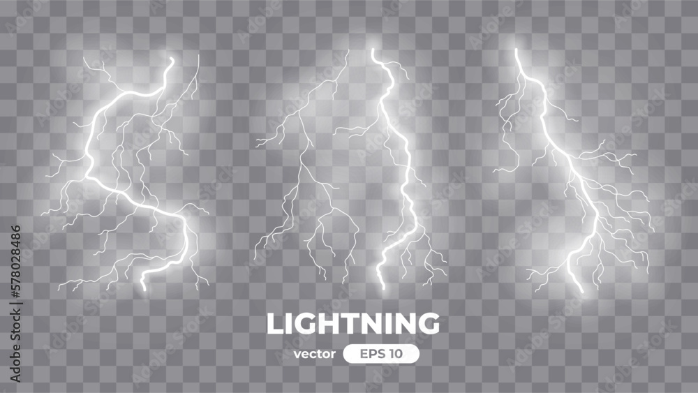 Thunder lightning isolated on transparent background. Lightnings set. Thunderstorm. Flash light ...