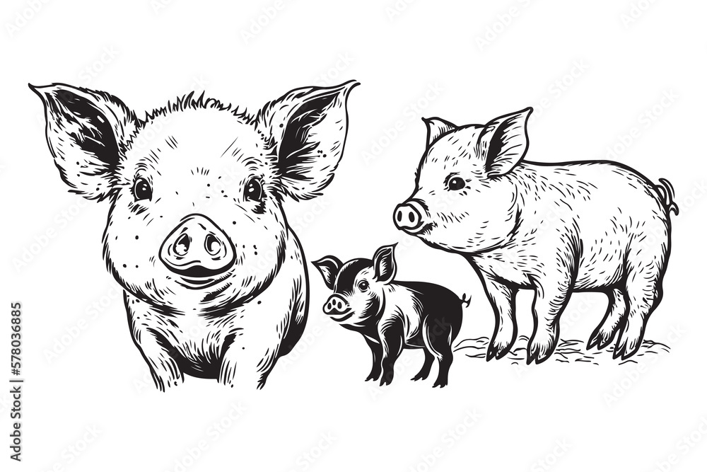 pig hand drawing sketch black outline vector isolated on white ...