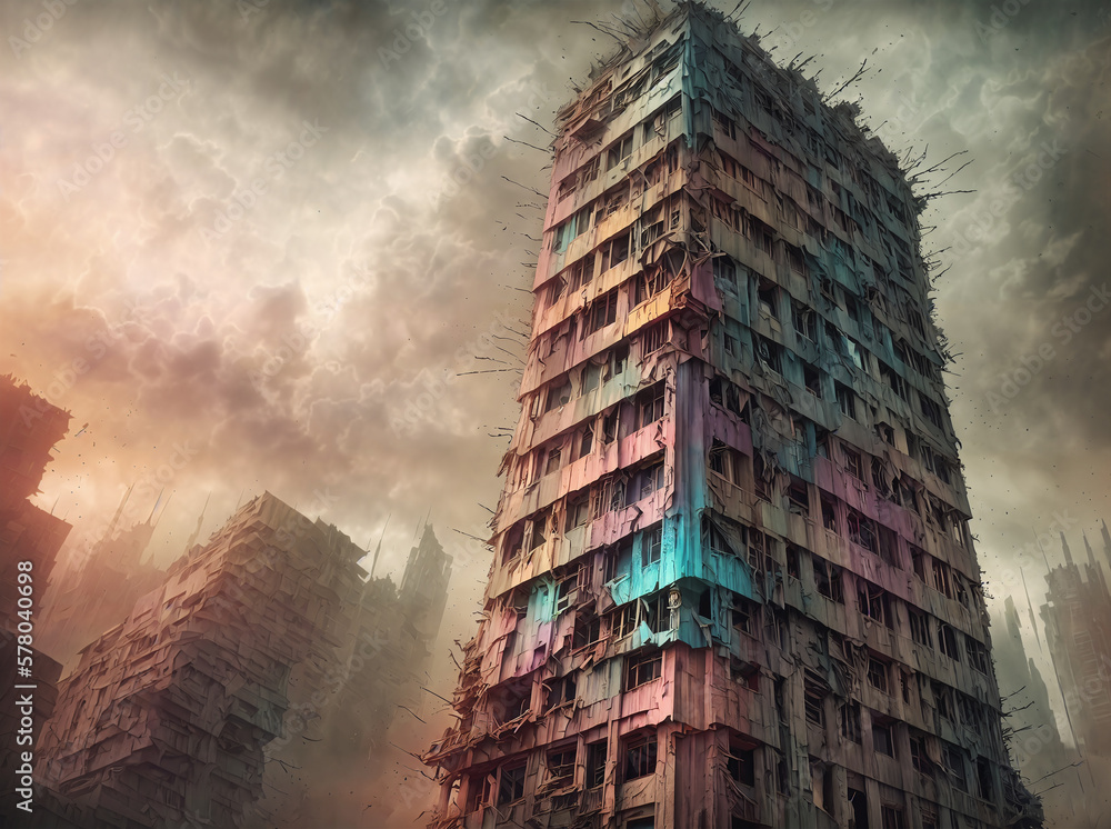 Bad inclement weather at sunset, apocalyptic architecture, a group of ...