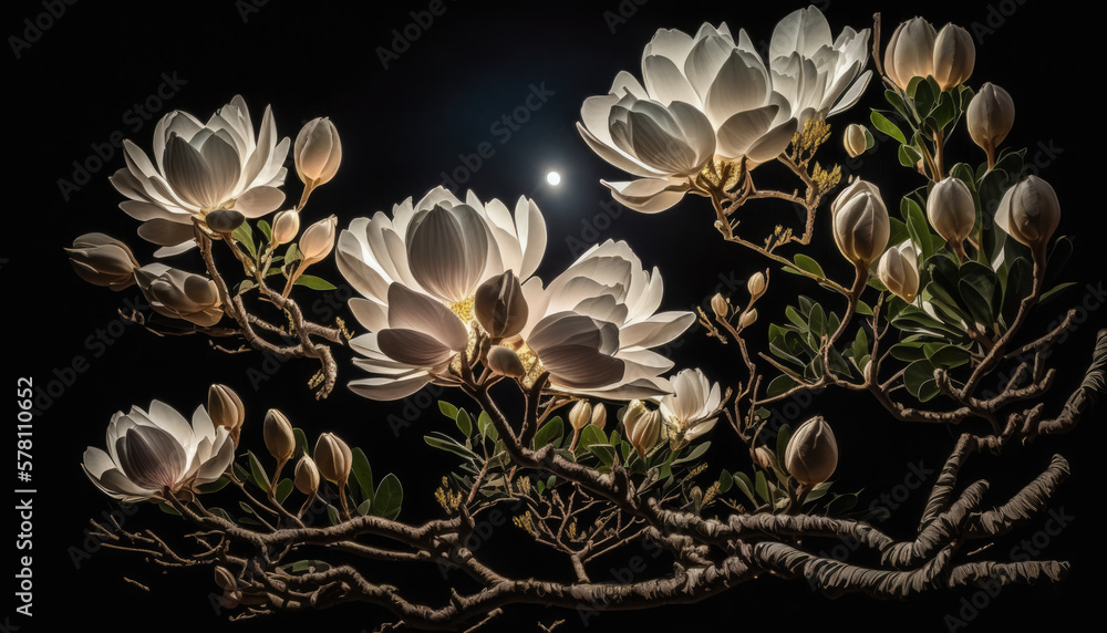 Branches of flowering magnolia at night amid full moon created with ...