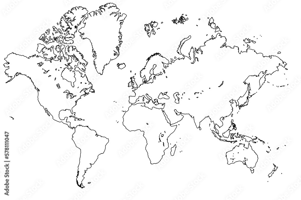 Flat wold map with continent silhouettes. Global word map outline on ...