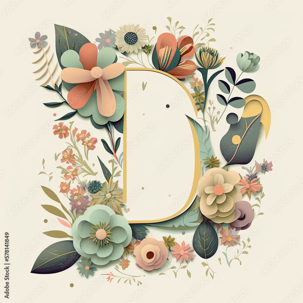 Ilustración de Stock letter "D" with flower decoration pastel color ...