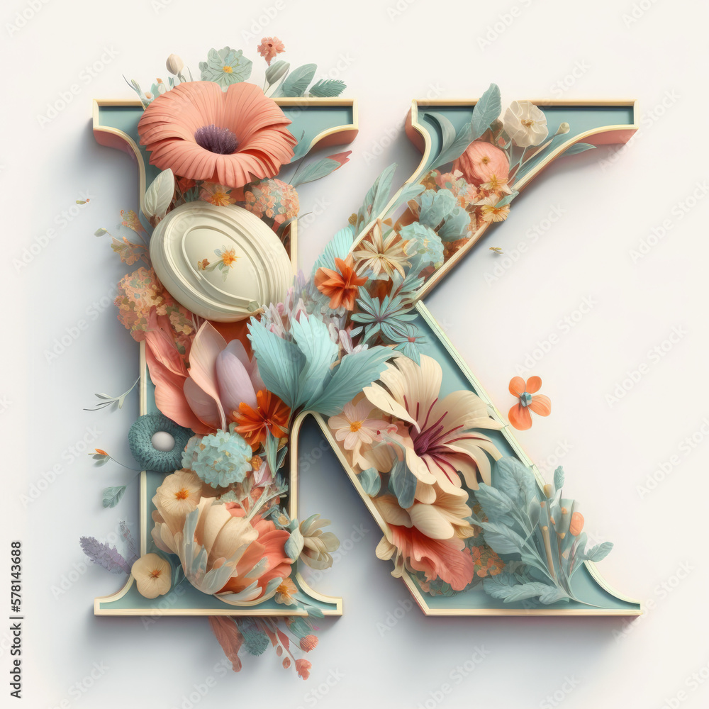 letter "K" with flower decoration pastel color palette, cartoon ...