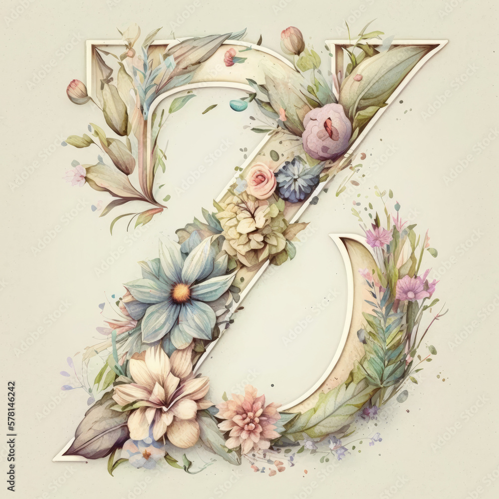 letter "Z" with flower decoration pastel color palette, cartoon ...