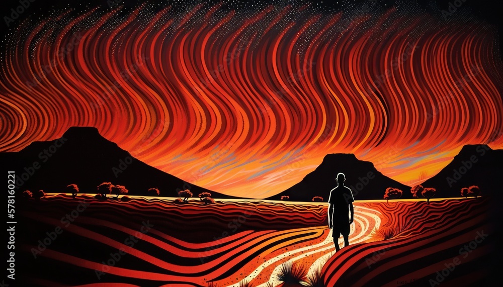 Australian aboriginal man following songlines over hills and dry red ...