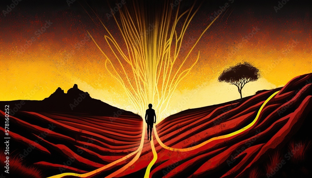 Ilustração Australian aboriginal man following songlines over hills and ...