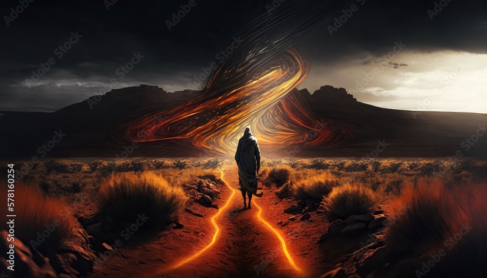 Australian aboriginal man following songlines over hills and dry red ...