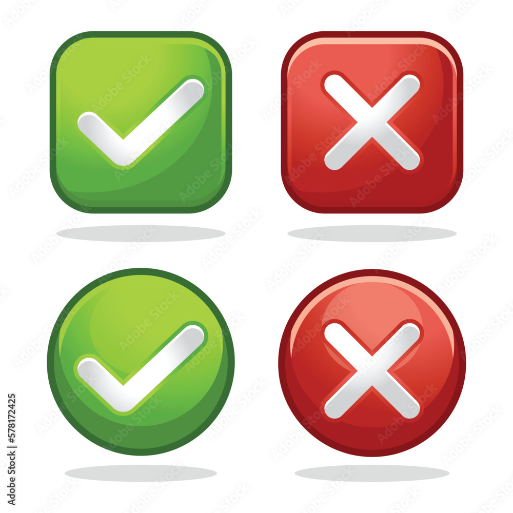 cartoon right and wrong 3D Button. A set of glossy round icons with a check mark, a sign of the ...