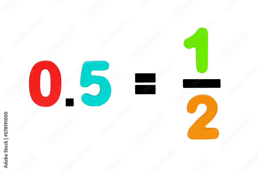 Ilustração Zero point five equals one-two fractions isolated on cutout ...