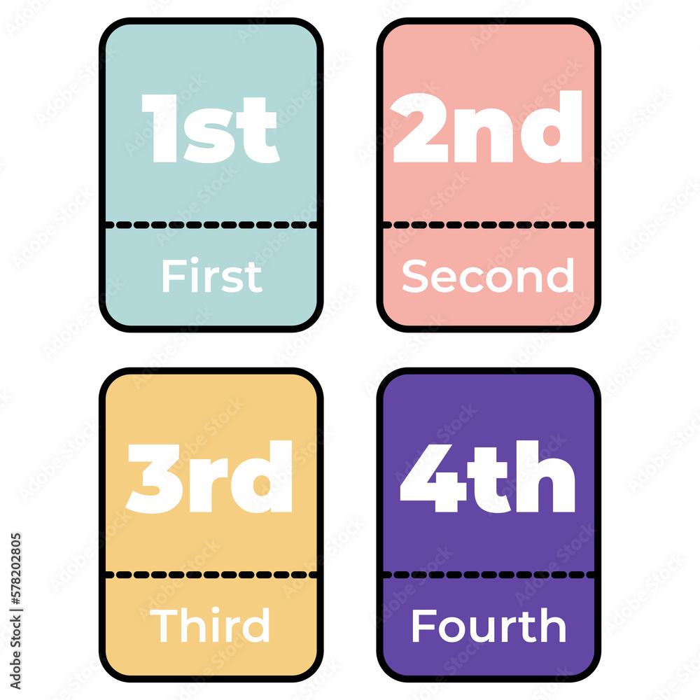 Ordinal numbers from 1 to 4 colored flashcard, material in english ...