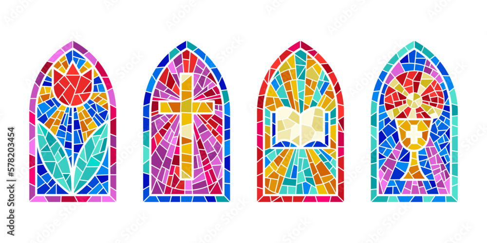 Church glass windows. Stained mosaic catholic frames with cross, book ...