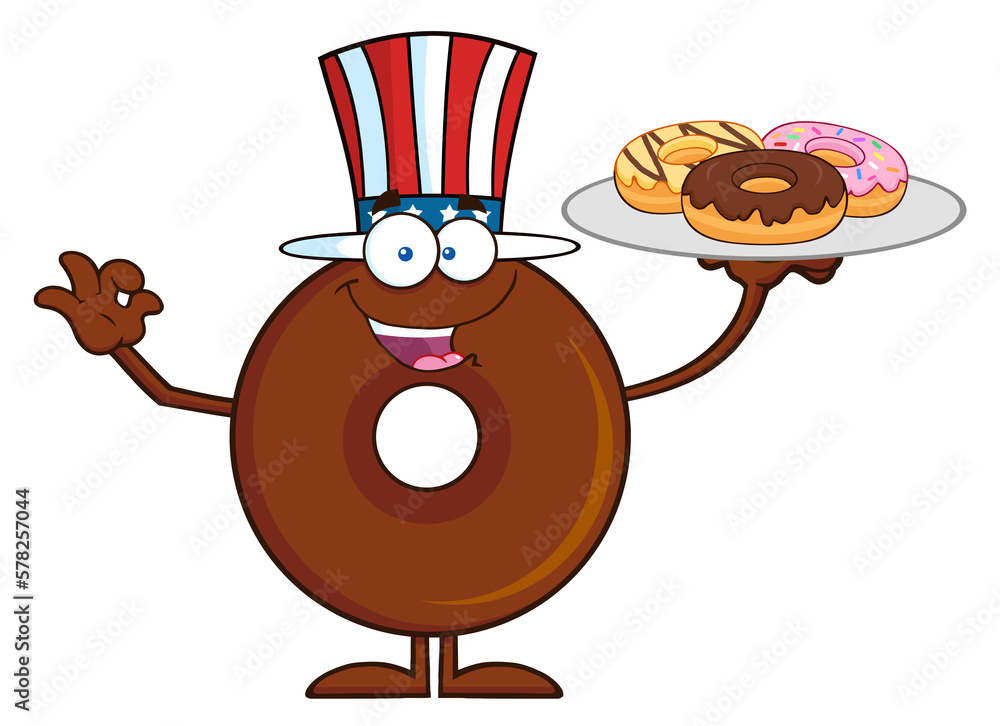 American Chocolate Donut Cartoon Character Serving Donuts. Hand Drawn ...
