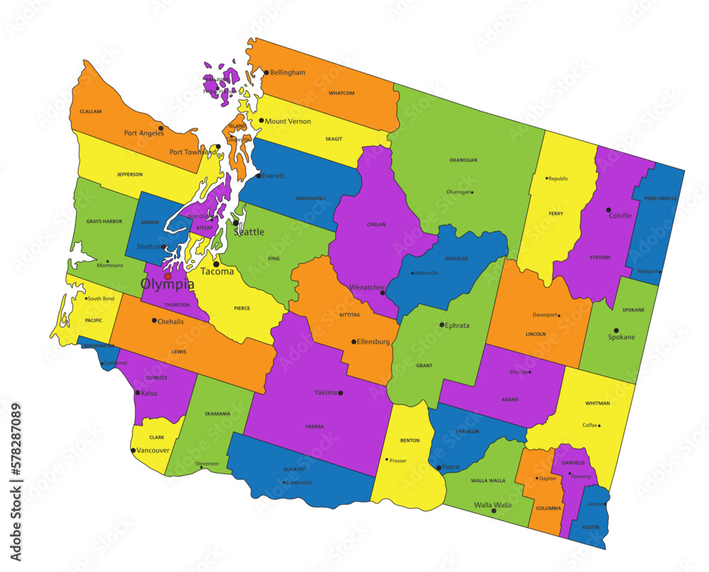Colorful Washington political map with clearly labeled, separated ...