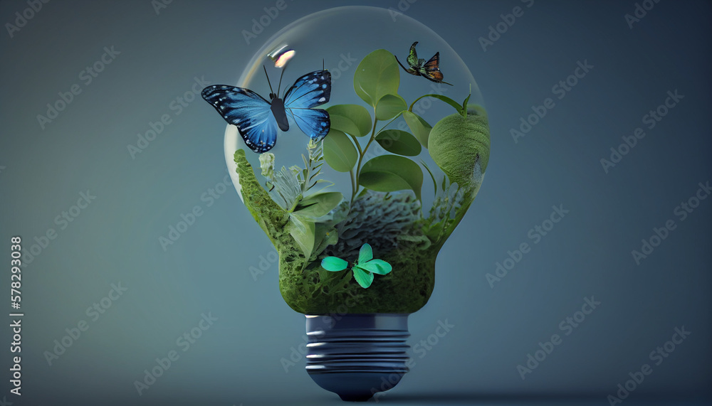 Gren energy concept, light bulb made from green leaves and blue ...