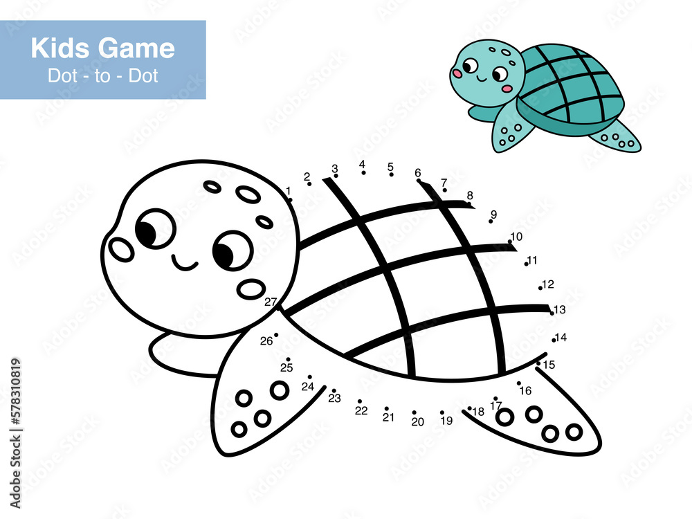 Number game. Dot to dot. Cute turtle. Cartoon sea animal. Educational ...