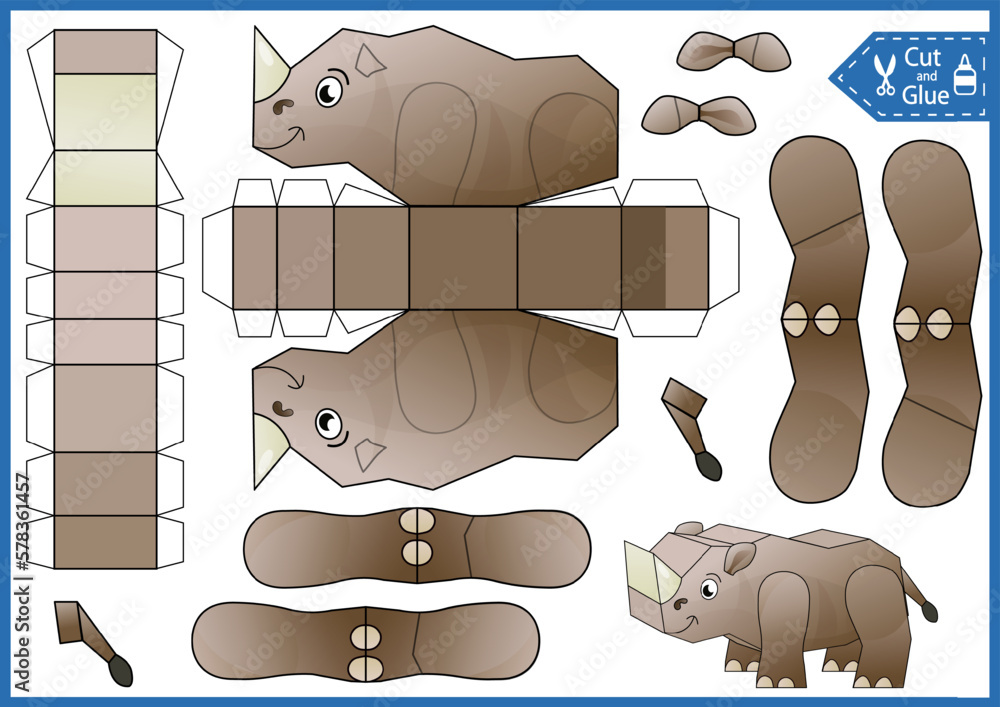 Kids craft game. Activity page cut and glue paper 3d rhinoceros ...