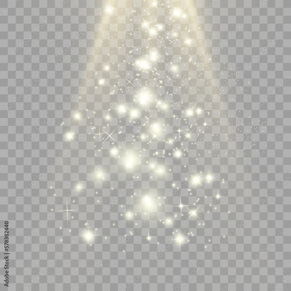 White sparks and golden stars glitter special light effect. Vector sparkles on transparent ...