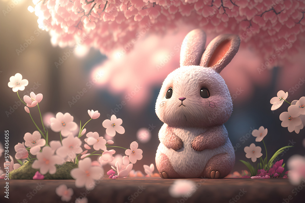AI Generative, Cute white rabbit in the Sakura garden, Funny Anime ...
