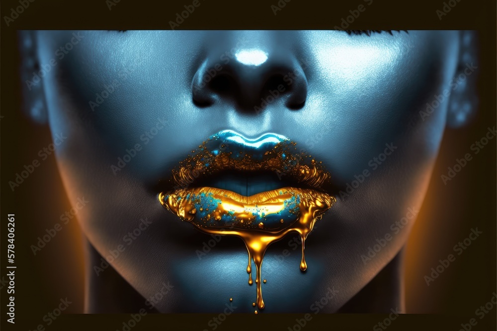 Closeup golden liquid painting on woman sexy lips. Concept in abstract ...