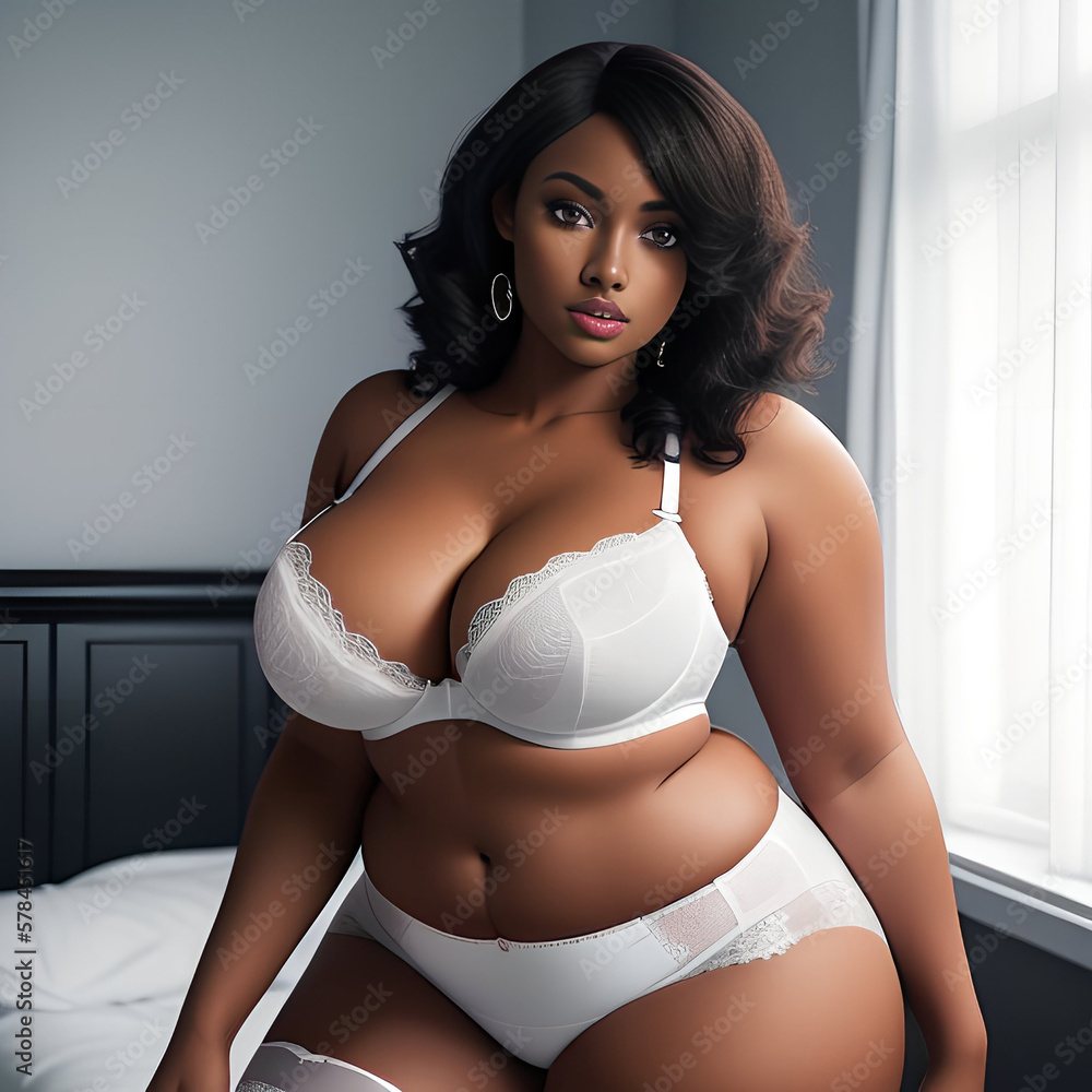 Curve african american woman plus size model in lace black lingerie looking in camera in bedroom ...