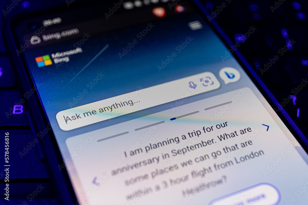Bing on screen. Microsoft Bing is new AI CHAT bot launched by Microsoft ...