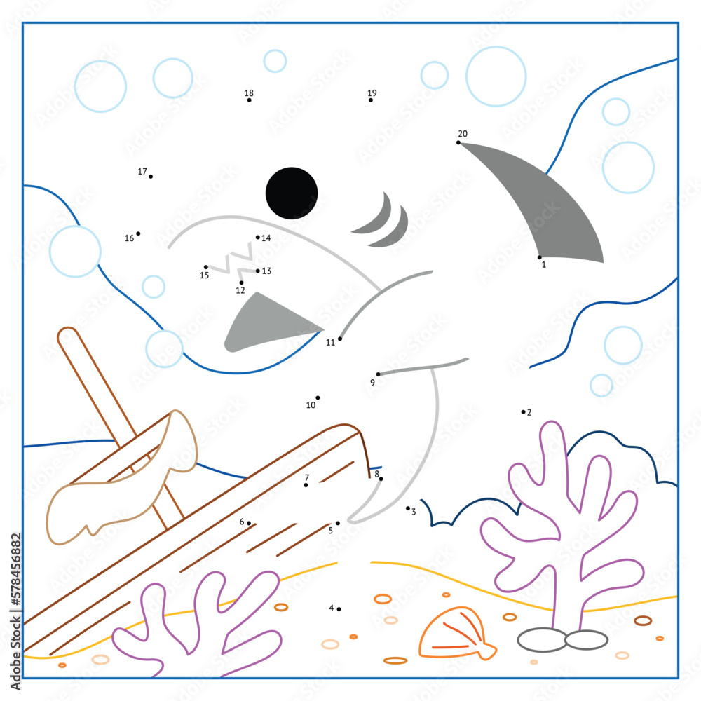 Numbers game, education dot to dot game for kids, Cute shark and sunken ...