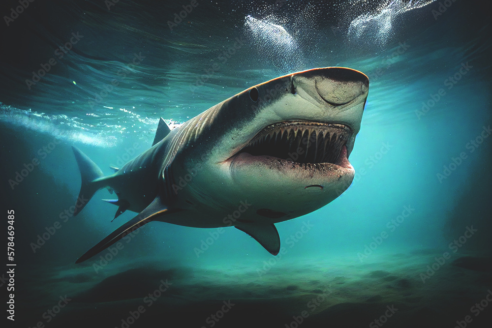 Shark with open mouth and huge teeth during attack. Tiger shark ...