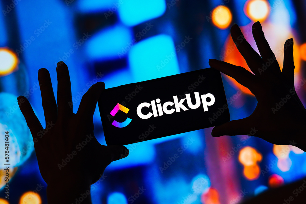 March 6, 2023, Brazil. In this photo illustration, the ClickUp logo ...