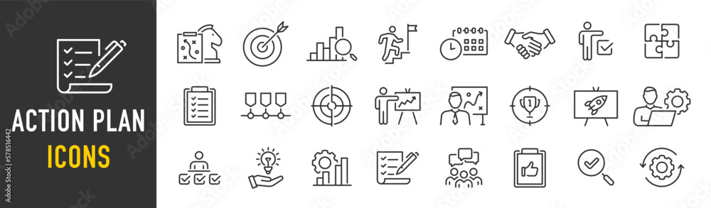 Action plan web icon set in line style. Schedule, plan, implementation ...