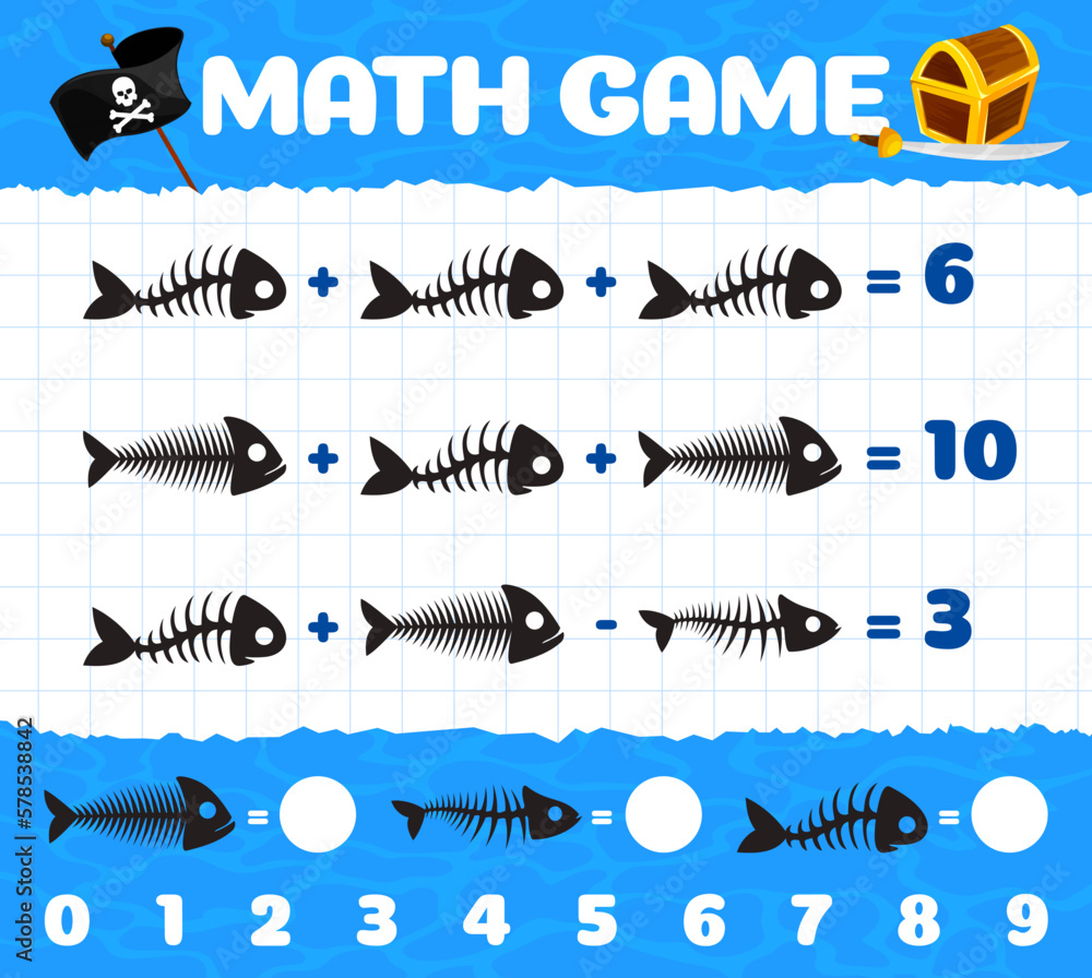 Pirates, fish bone or fishbone skeletons math game worksheet. Vector ...