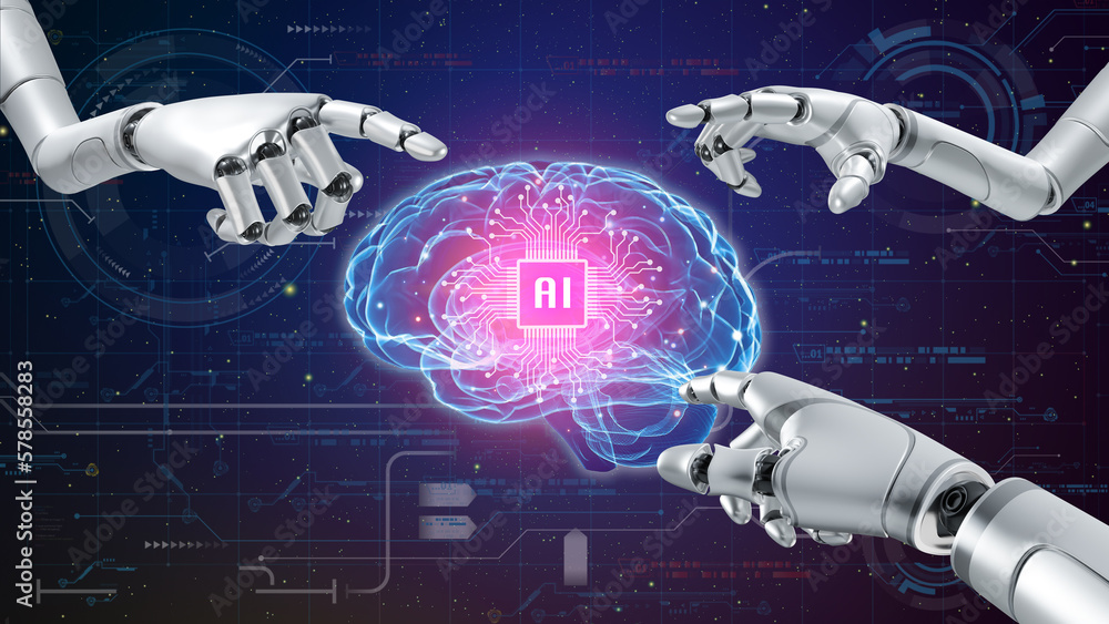 Robot hands with AI artificial intelligence icon in brain on future virtual background. Machine ...