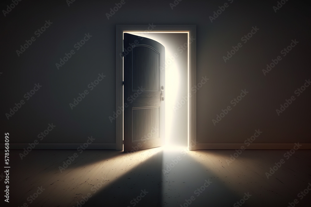 Empty door opened light. Light shining through open door. 3D realistic ...