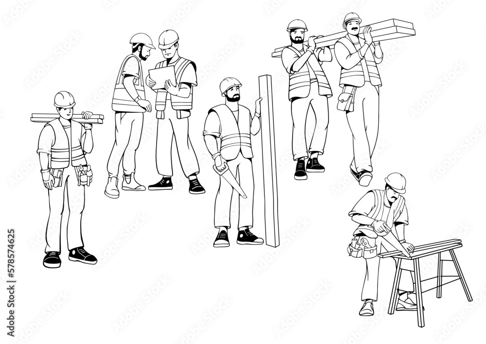 Construction workers set. Carpenter repairman wearing uniform. Vector ...