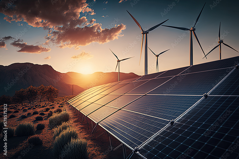 Renewable energy background with green energy as wind turbines and solar panels. Generative AI ...