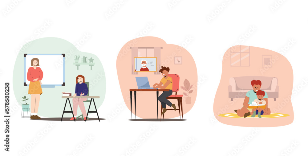 Family Education, School at Home Concept. Parents and Children Make ...