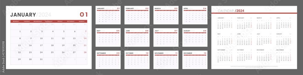 2024 Calendar Planner Template. Vector layout of a wall or desk simple ...