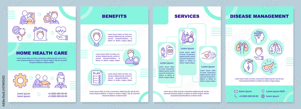 Home health care turquoise brochure template. Leaflet design with ...