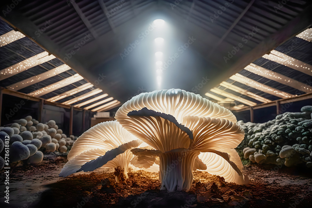 Fantasy unreal mushrooms growing on future modern mushroom farm with ...