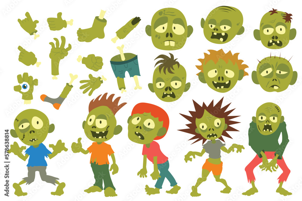 Cartoon zombie characters set concept without people scene in the flat ...