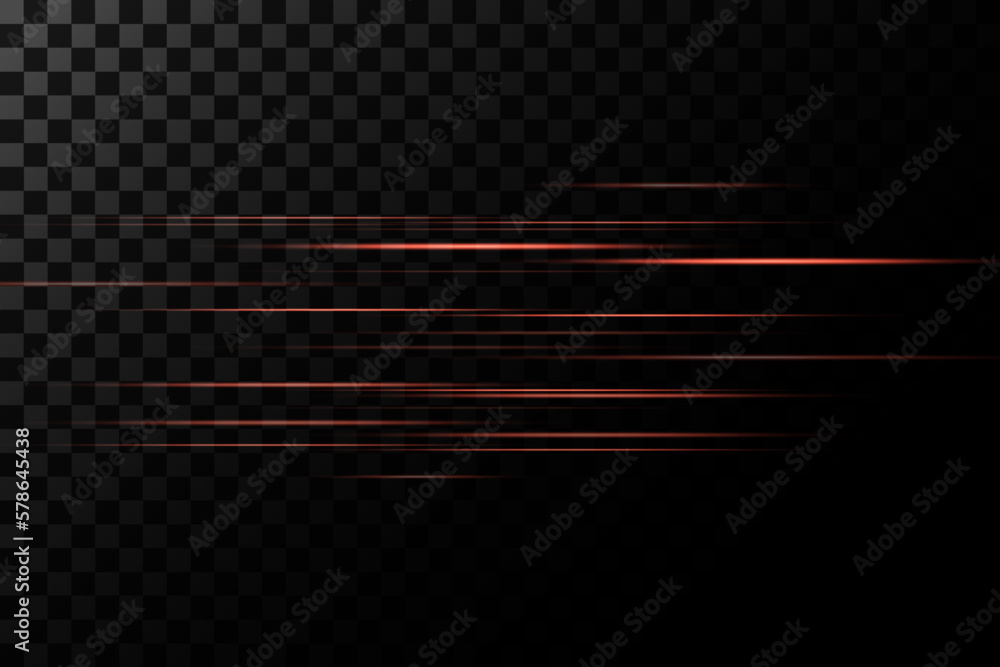 Set of red lines, laser beams, bright light beams with sparkles and ...