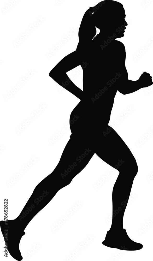 female athlete runner running marathon side view, black silhouette on ...