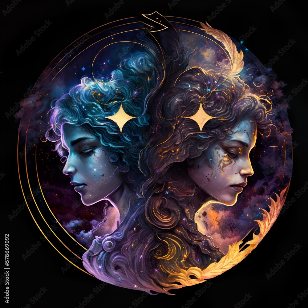 Gemini zodiac sign logo as two beautiful women portraits, on dark ...