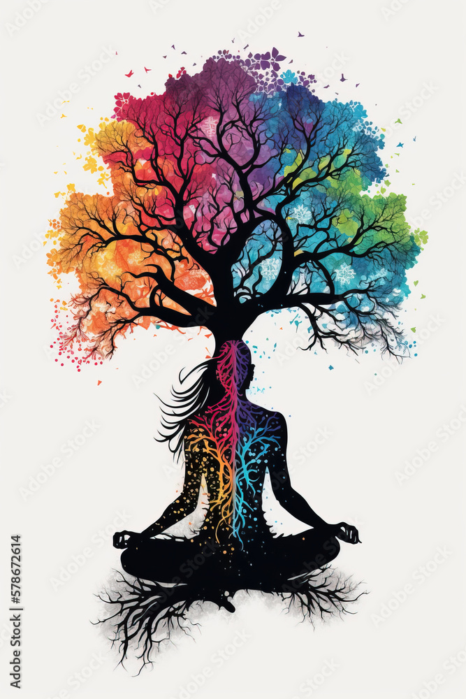 Full color silhouette illustration and chakras of a person in tree ...