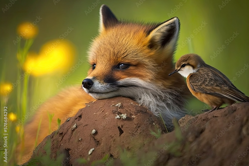 Young fox cub cuddling with a bird. Generative AI Stock Illustration ...